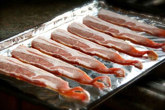 1. Line a baking sheet with foil. Place bacon on foil.