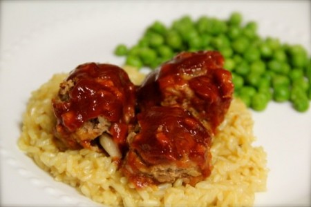 Smoky Moose Meatballs over Brown Rice Pilaf with Peas